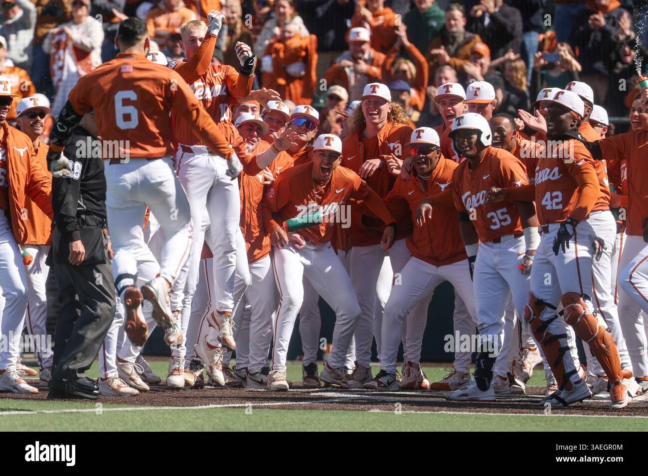 AUSTIN, TX - APRIL 06: Texas catcher Rylan Galvan (6) is greeted at ...
