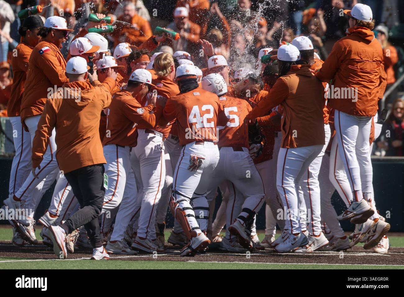 AUSTIN, TX - APRIL 06: Texas catcher Rylan Galvan (6) is greeted at ...