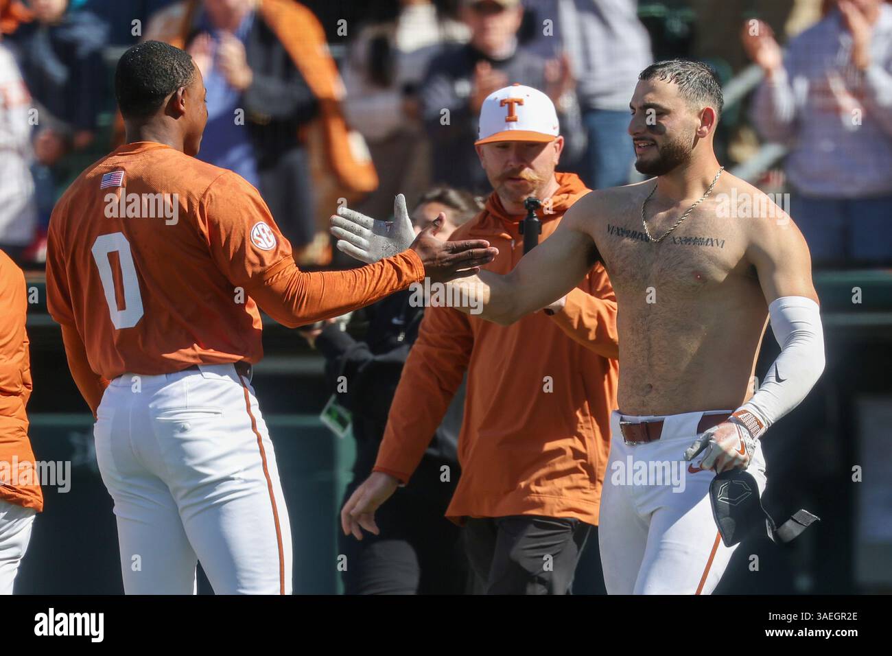 AUSTIN, TX - APRIL 06: Texas catcher Rylan Galvan (6) gets a high five ...