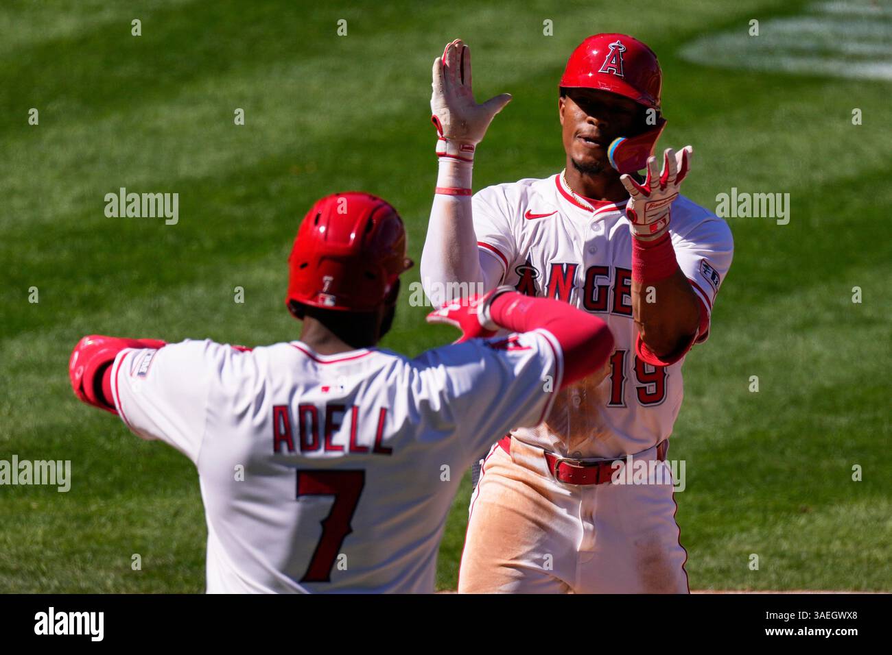 Los Angeles Angels' Kyren Paris, right, is congratulated by Jo Adell ...