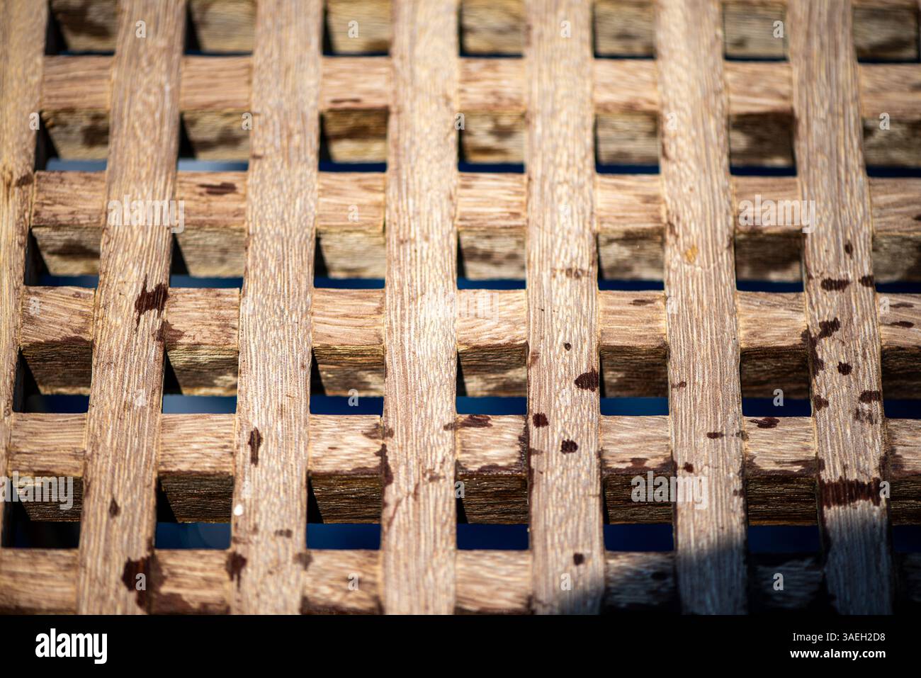 A close-up view of a weathered, wet wooden surface on a ship, featuring ...