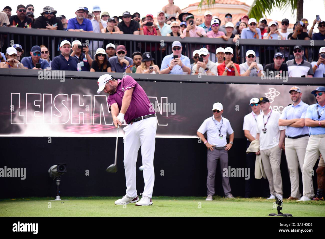 DORAL, FL - APRIL 06: Marc Leishman hits his shot during day two of LIV ...