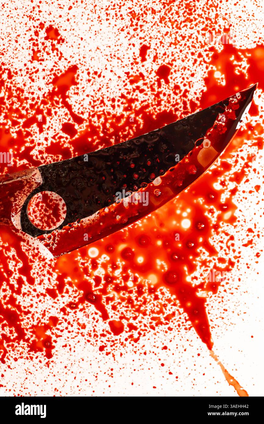 Crime Scene.Bloody knife blade.Forensic investigation. Cold weapon in ...