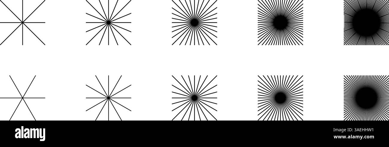 Set of straight radial lines in square frames. Sun rays or snowflakes ...