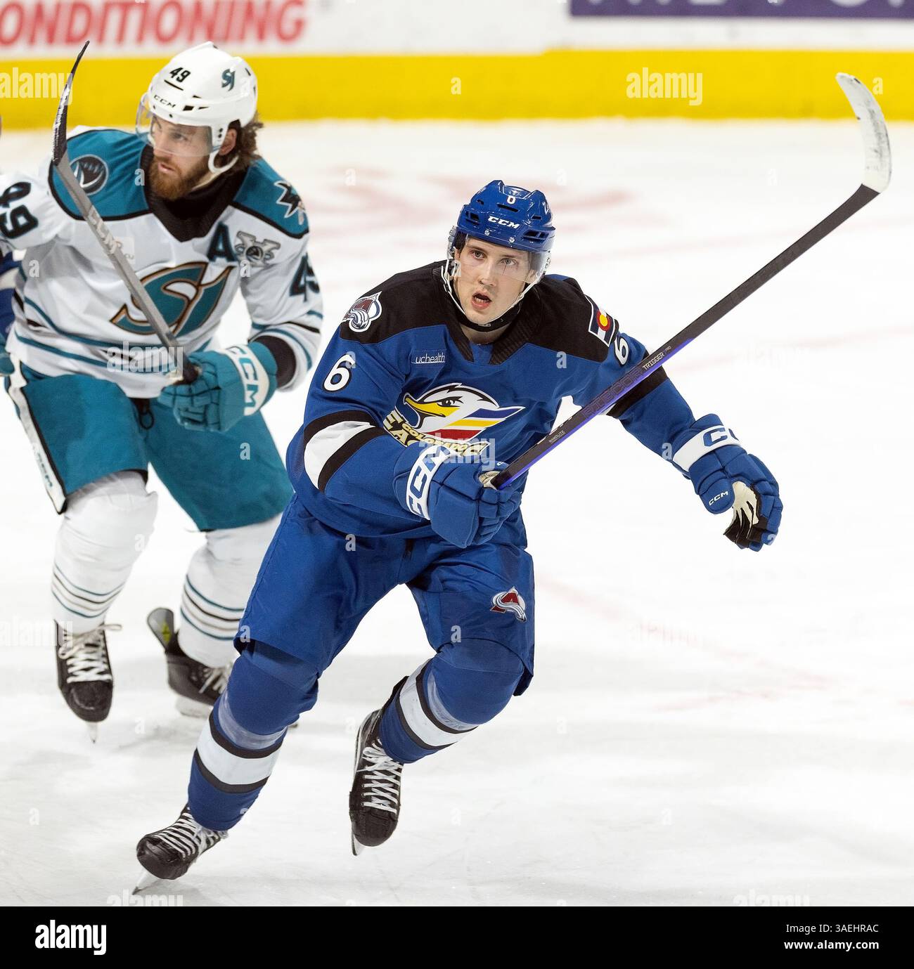 Loveland, Colorado, USA. 6th Apr, 2025. Eagles LW TAYLOR MAKAR, right ...