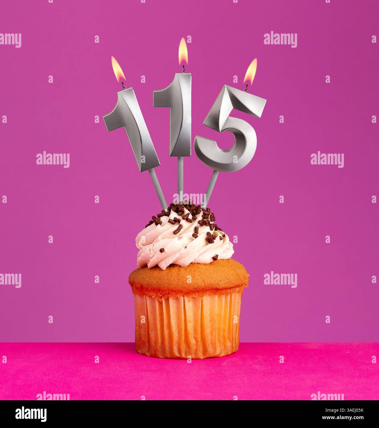 Birthday candle number 115 with cupcake on violet background Stock ...