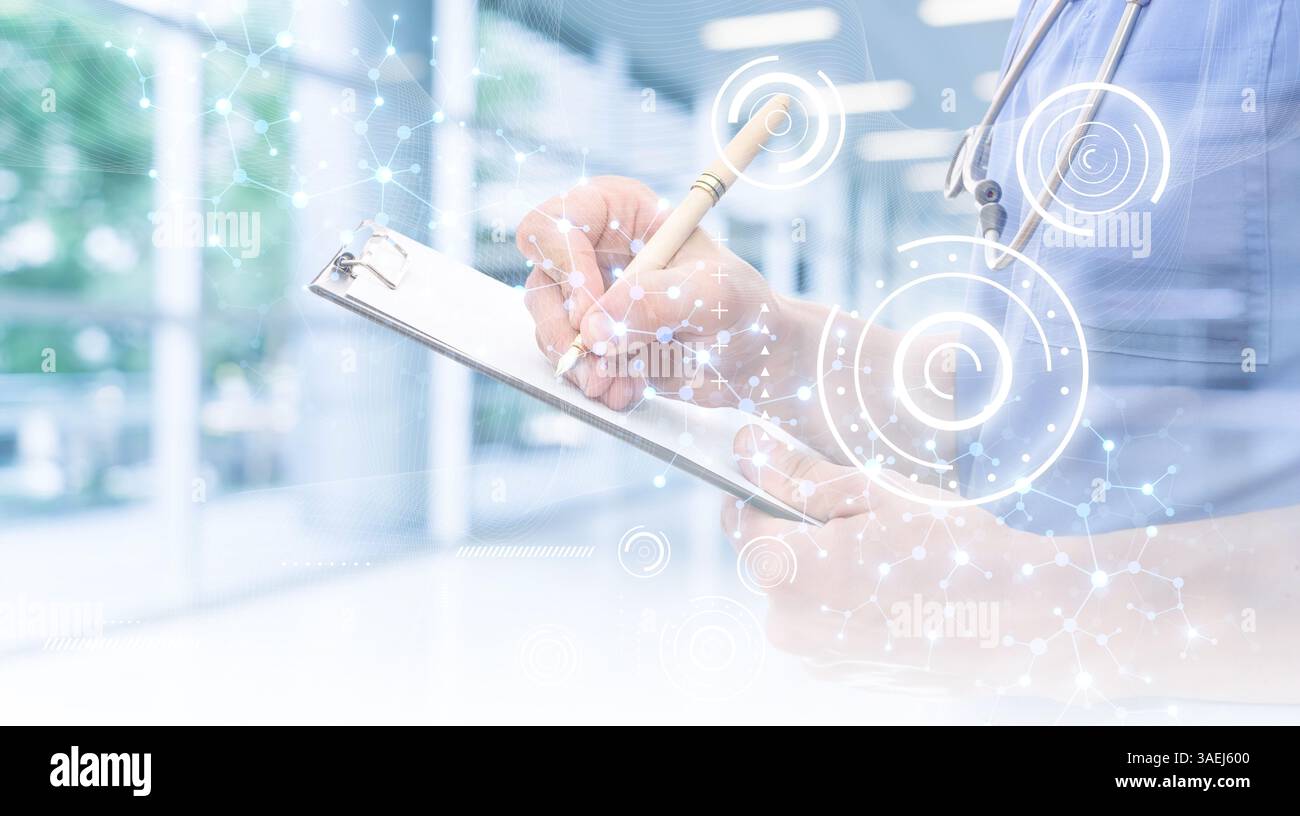 Hands, doctor and clipboard writing notes for hospital schedule ...