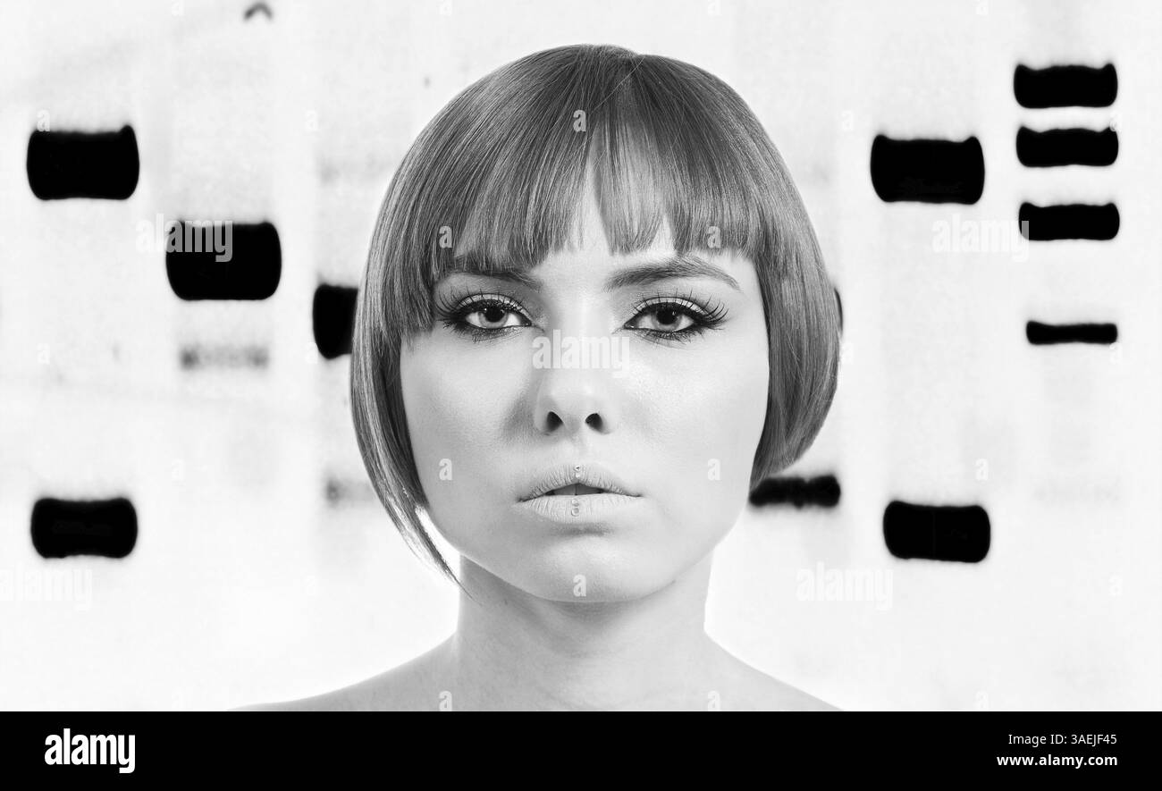 Beautiful face of an engineered bionic woman in front of a genetic DNA ...