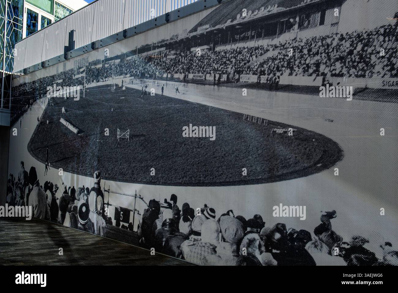 A photo wall of the original stadium in 1971 during the FIM Ice ...