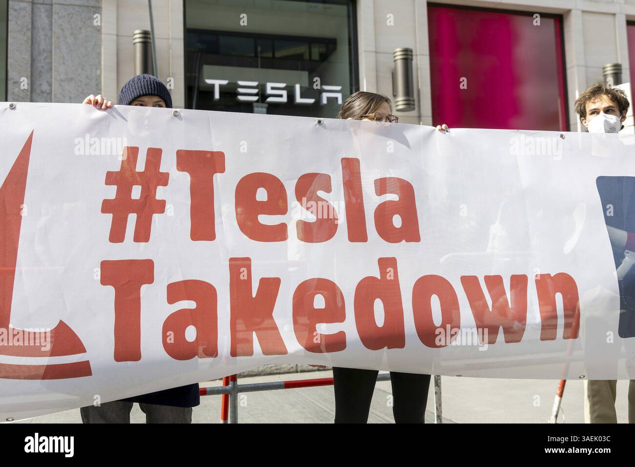Berlin, Germany - 5 April 2025: People demonstrate against Tesla owner ...