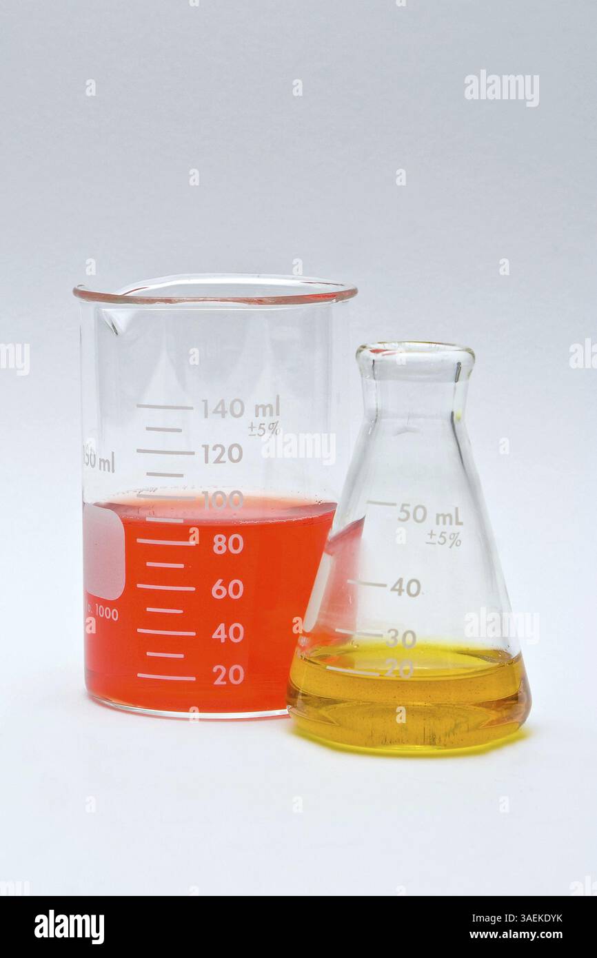 Flask and beaker with colorful liquids as pH indicators on a white ...