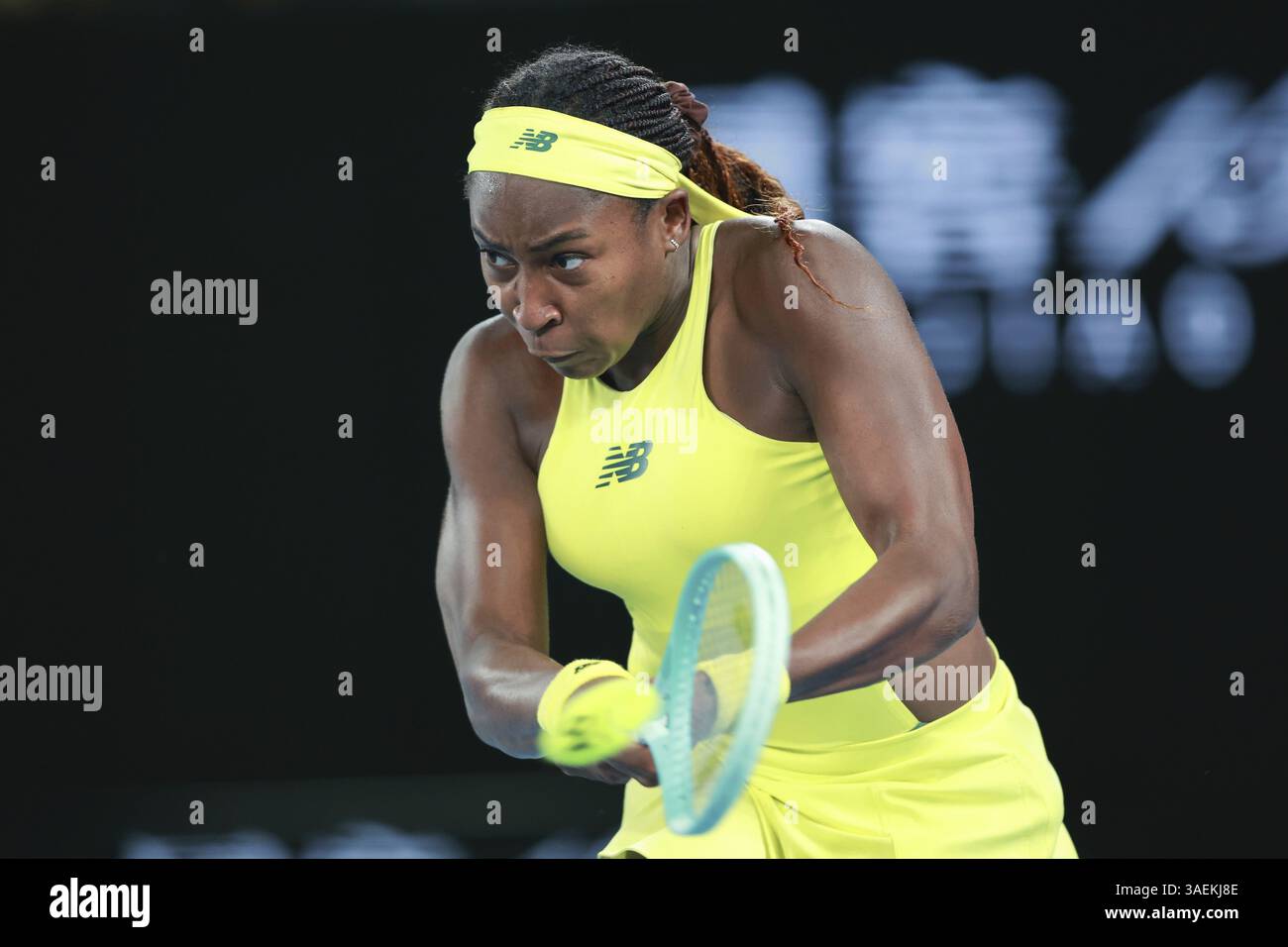 American tennis player Coco Gauff (USA) playing a backhand shot at the ...