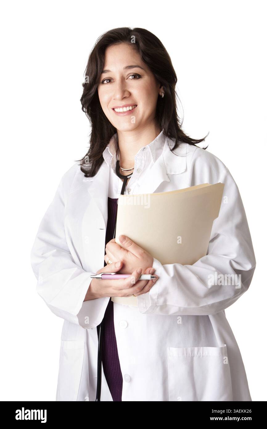Beautiful happy female doctor physician holding patient medical chart ...
