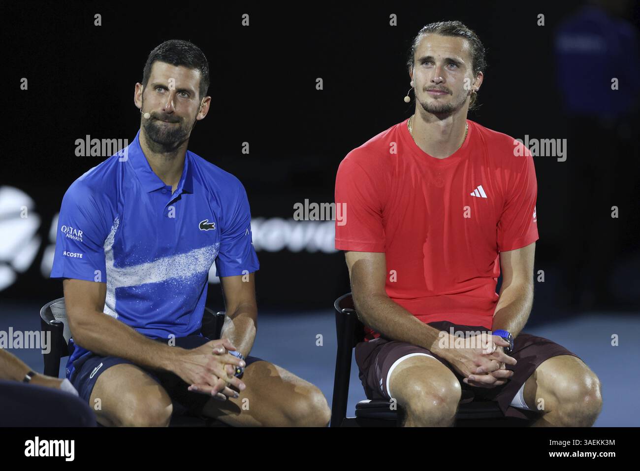 Alexander Zverev and Novak Djokovic during an after match interview on court after their Charity ...