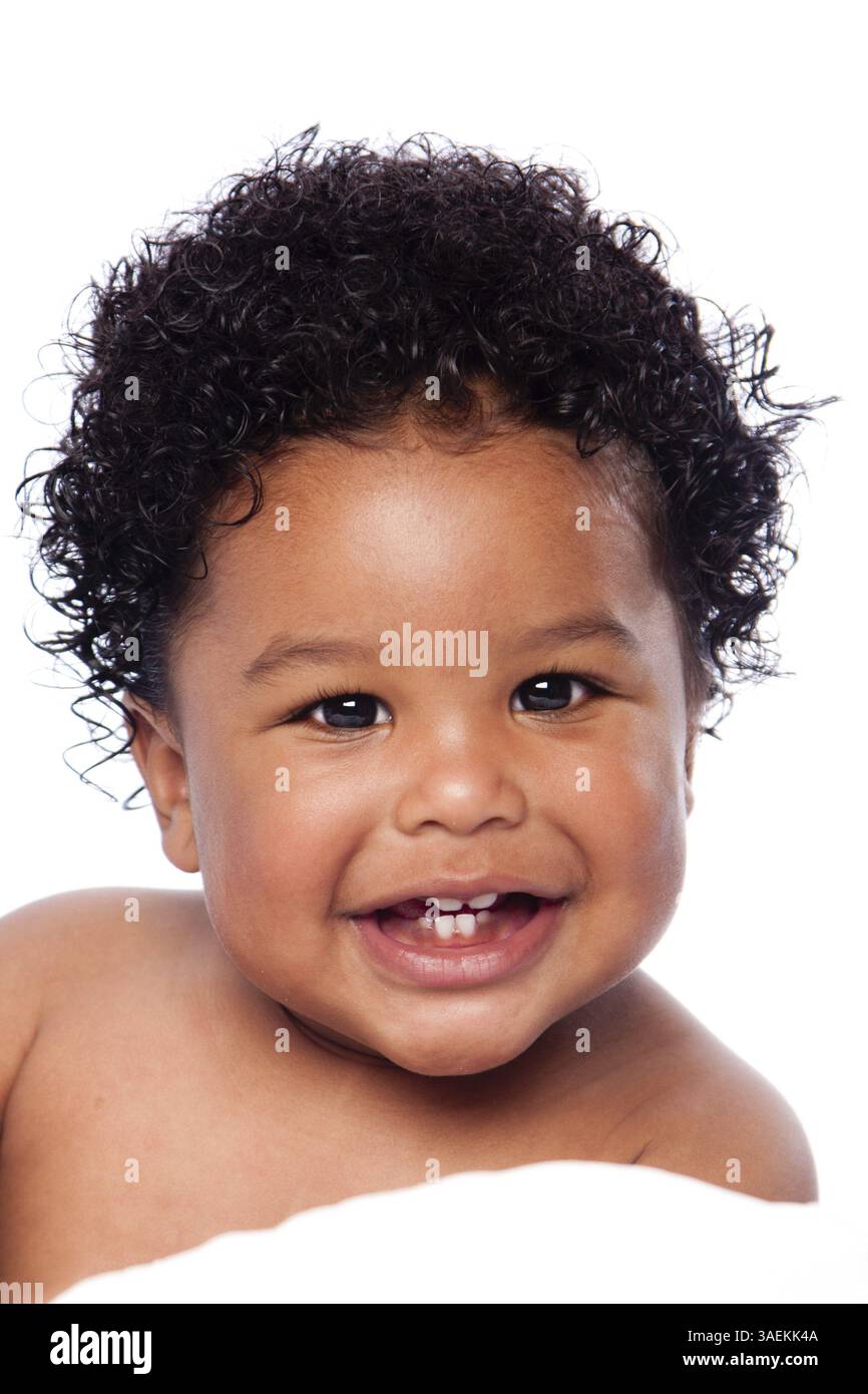 Happy smiling cute adorable teething baby face showing milk teeth, with ...