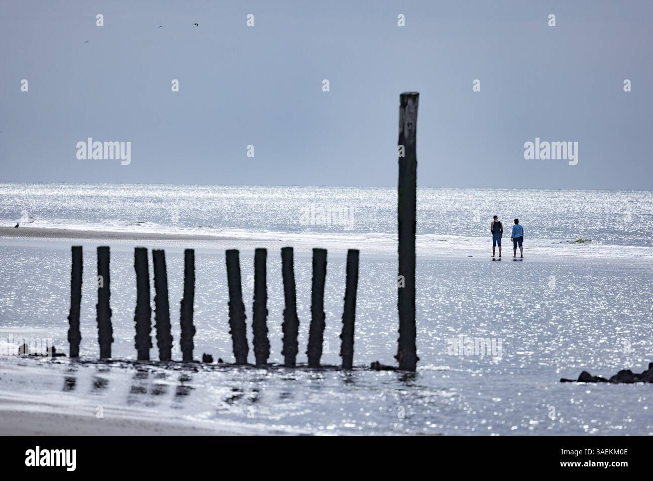A couple walks on the beach with a distant view of the sea glittering ...