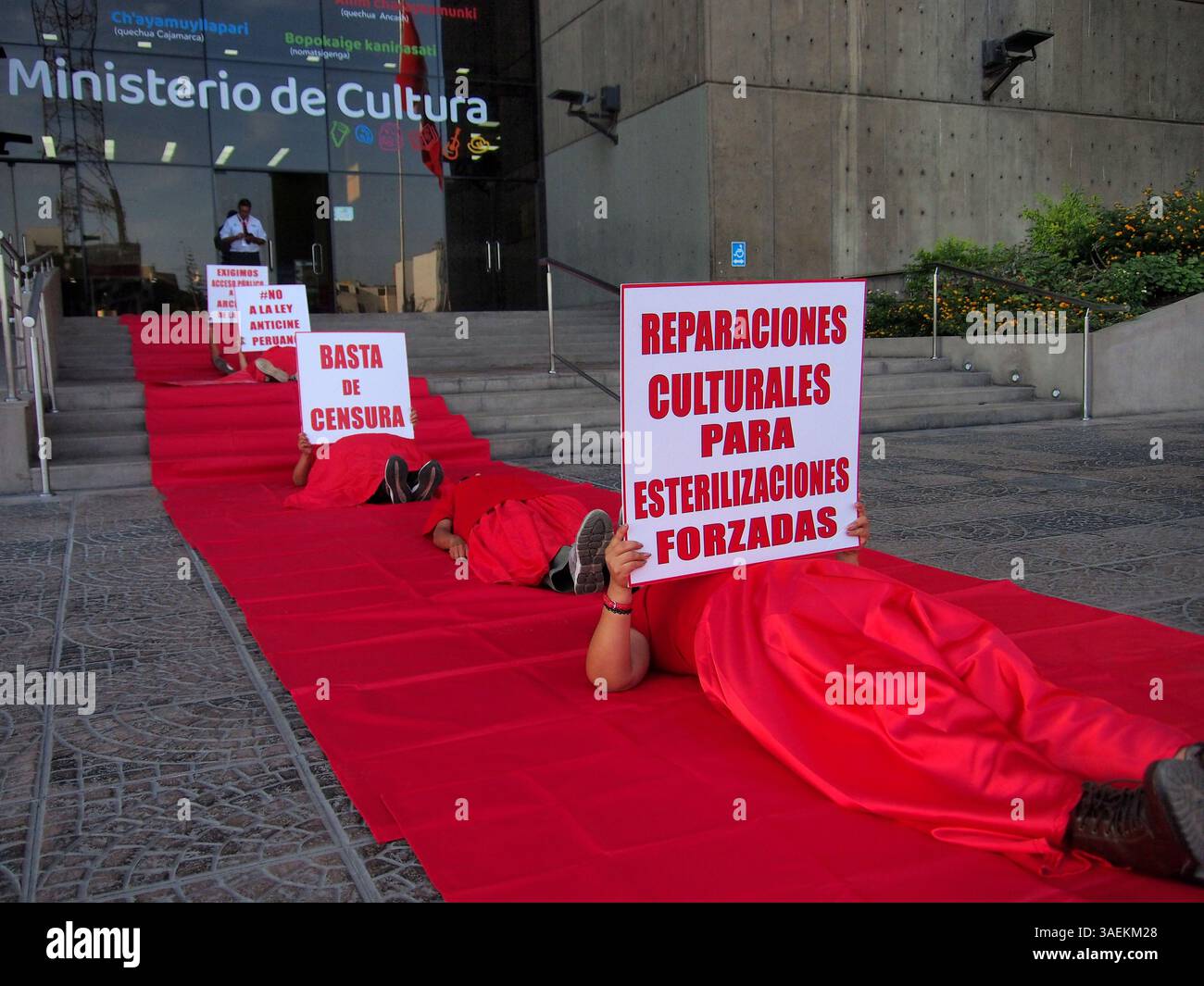 "Cultural reparations for forced sterilizations" can be read on a sign ...