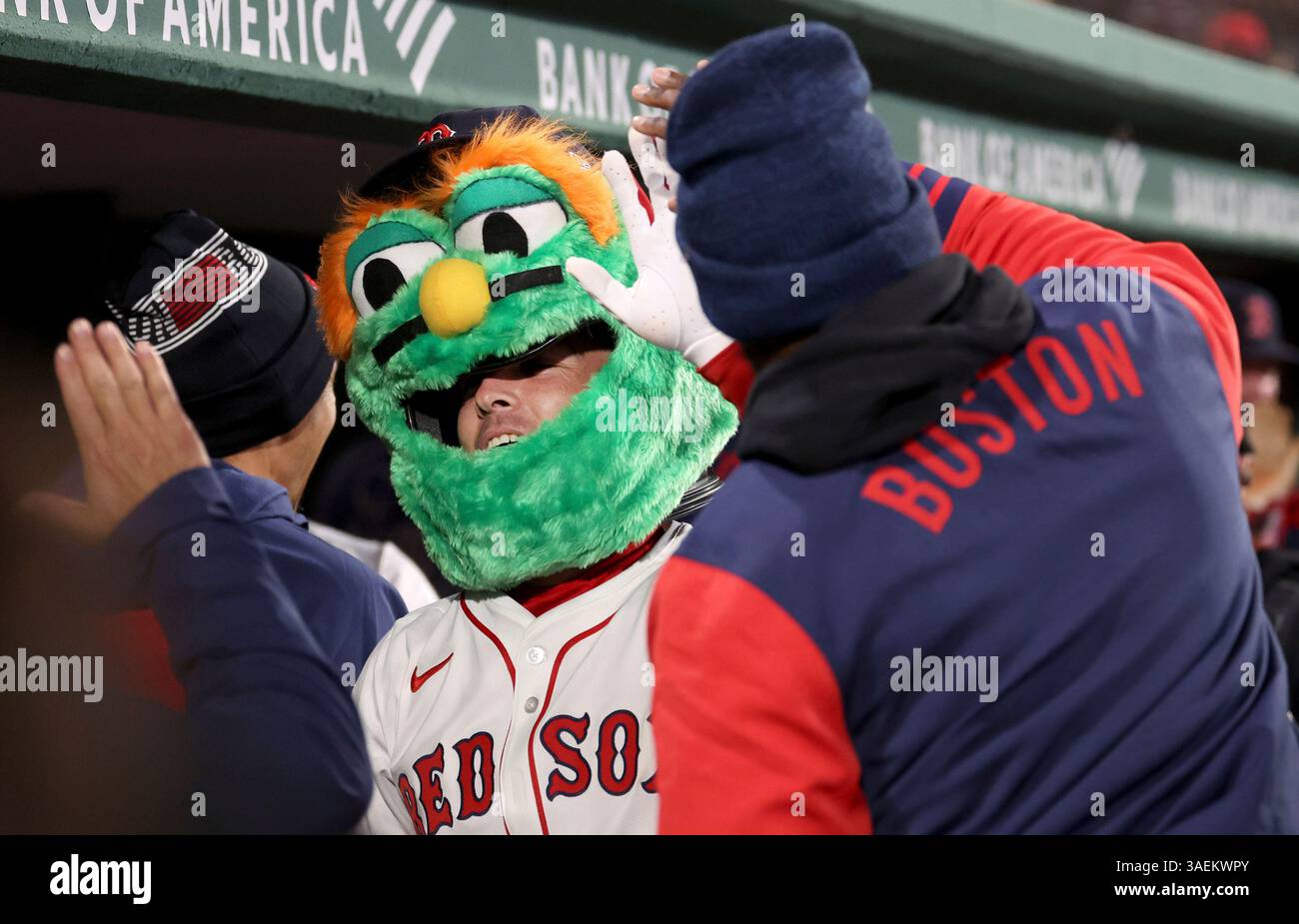 Boston Red Sox's Alex Bregman dons the mascot head in the dugout after ...