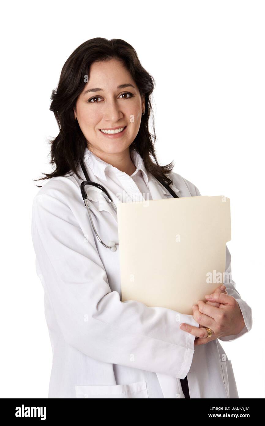 Attractive female doctor with white coat and stethoscope standing ...