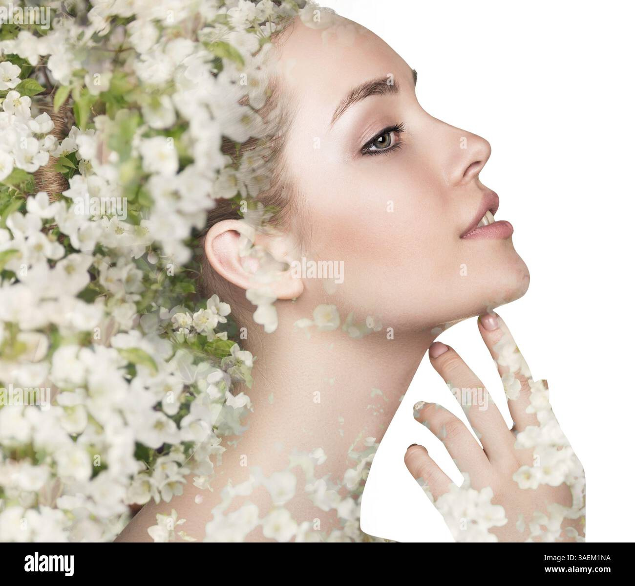 Young woman over blooming tree floral pattern and double exposure ...