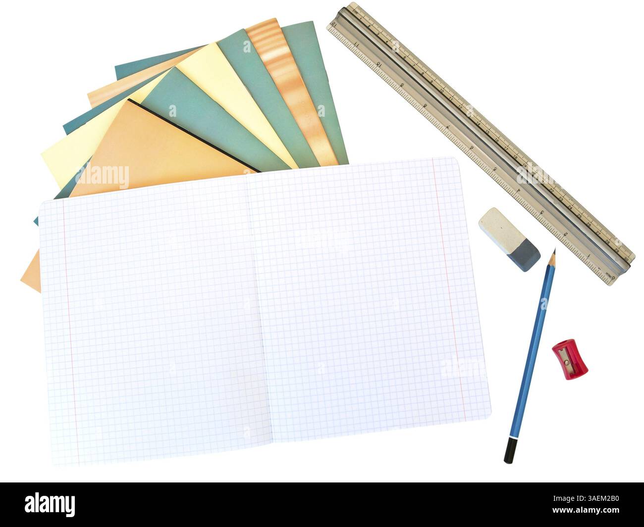Notebooks, pencil, eraser, ruler and sharpener at the white table Stock ...