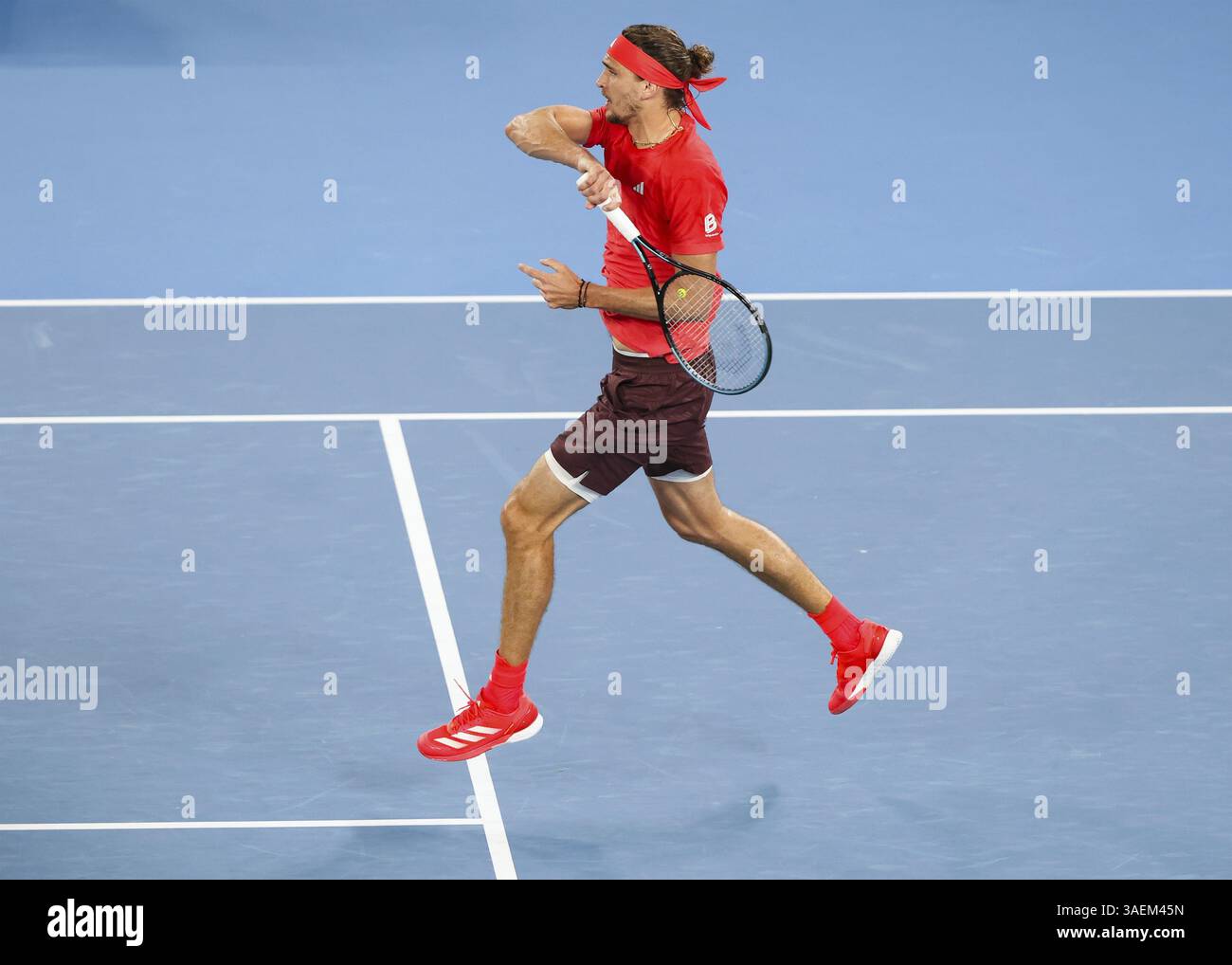 German tennis player Alexander Zverev playing forehand shot at ...
