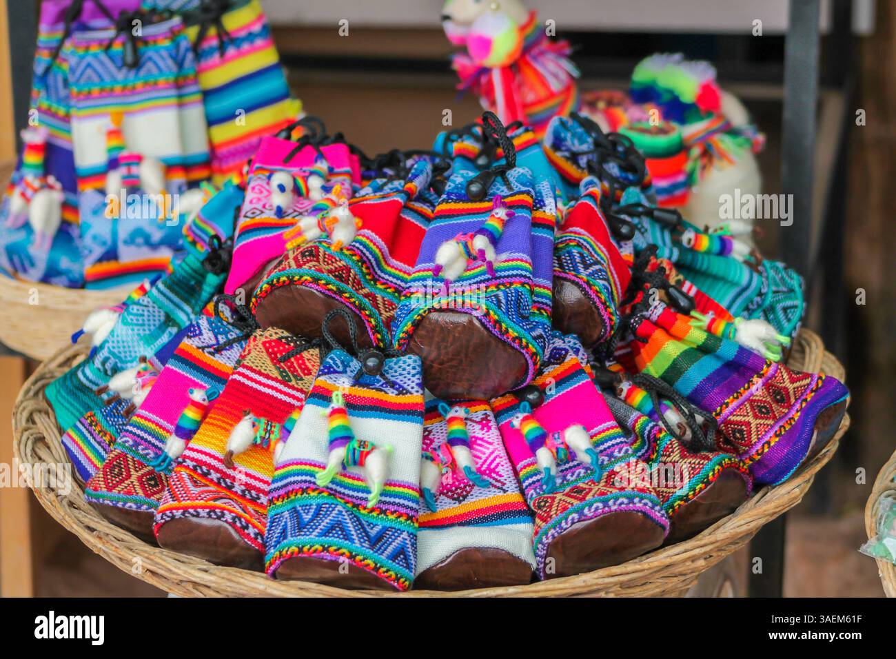 Peruvian traditional craft handmade dolls and textile. Colorful clothes ...
