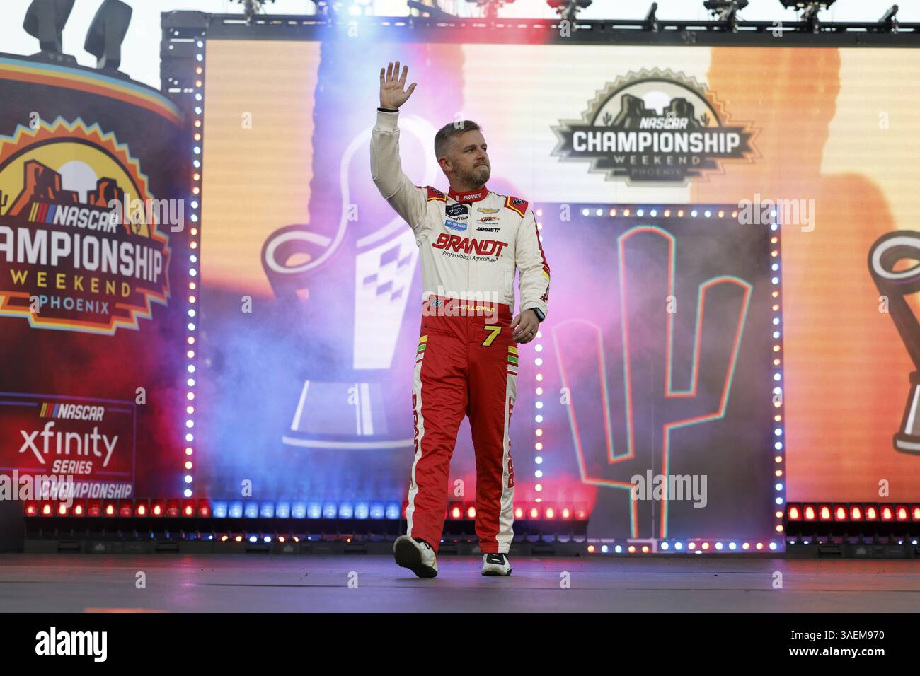 JUSTIN ALLGAIER (7) gets introduced for the NASCAR Xfinity Series ...