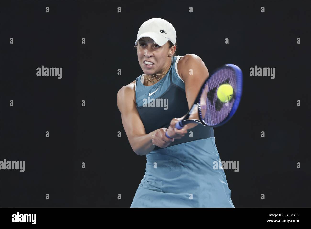 American tennis player Madison Keys (USA) playing a backhand shot at the Australian Open 2025 ...