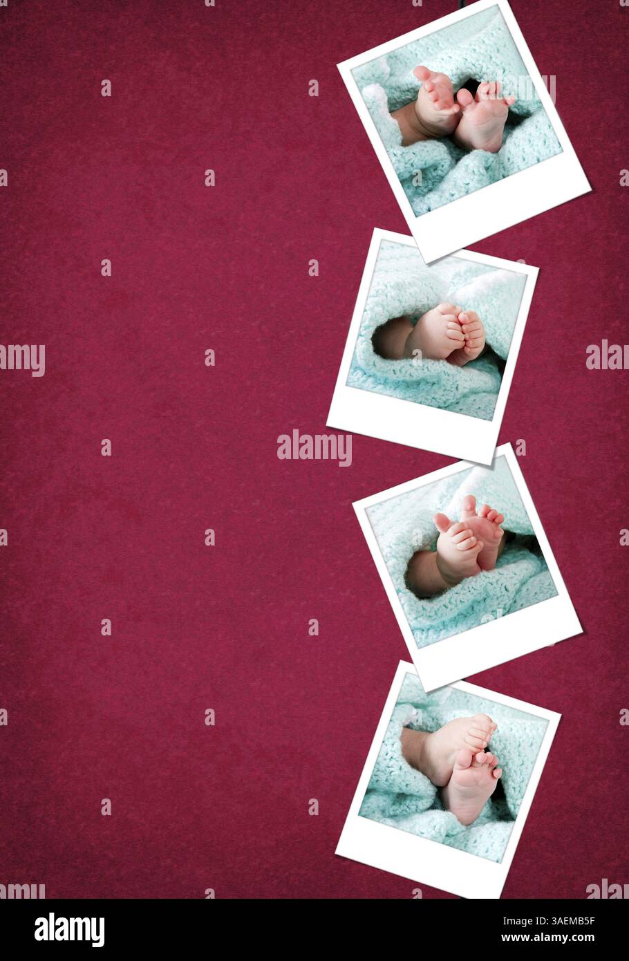 Happy and funny baby feet in blue-green blanket polaroids hanging ...