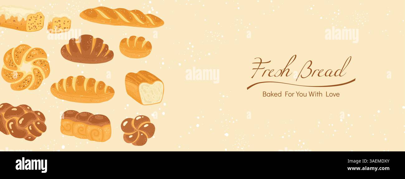 Bread loaf and pastry products cartoon template background. Poster with ...