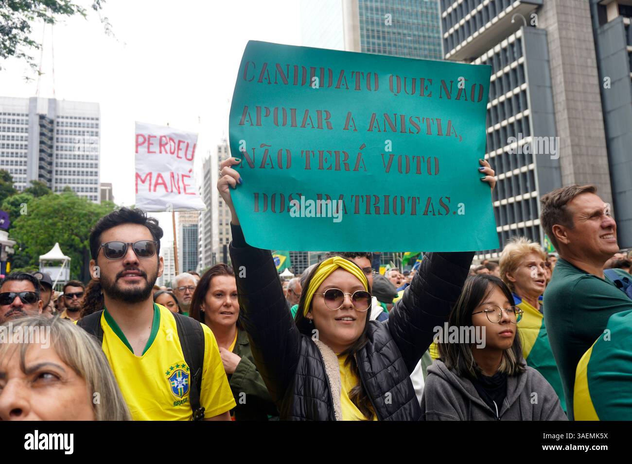 Supporters of Brazil's former President Jair Bolsonaro attend a rally at Paulista Avenue in Sao ...