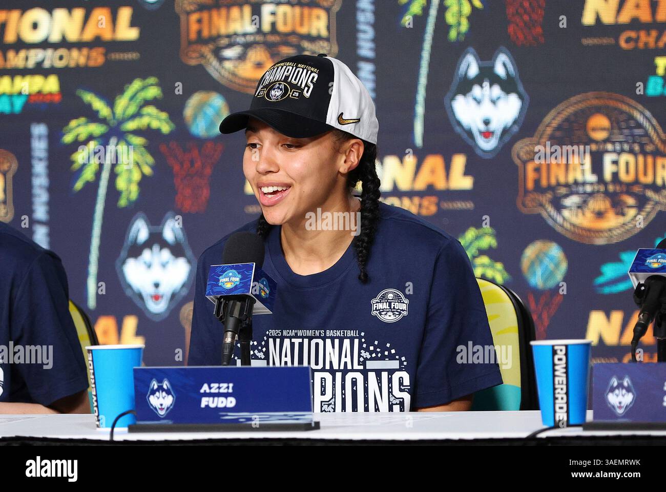 TAMPA, FL - APRIL 06: UConn Huskies guard Azzi Fudd (35) speaks with ...