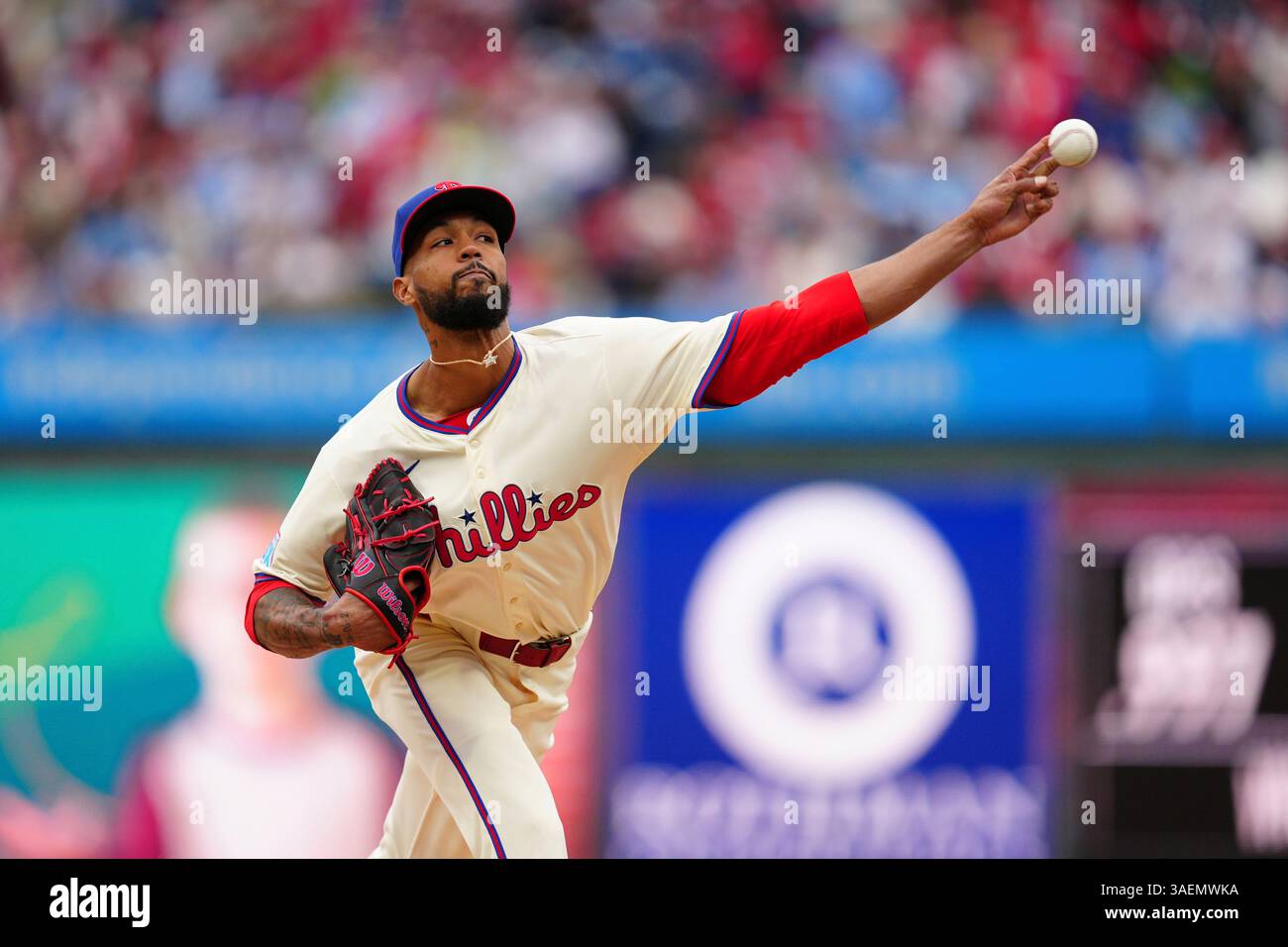 Philadelphia Phillies pitcher Cristopher Sánchez in action during a ...