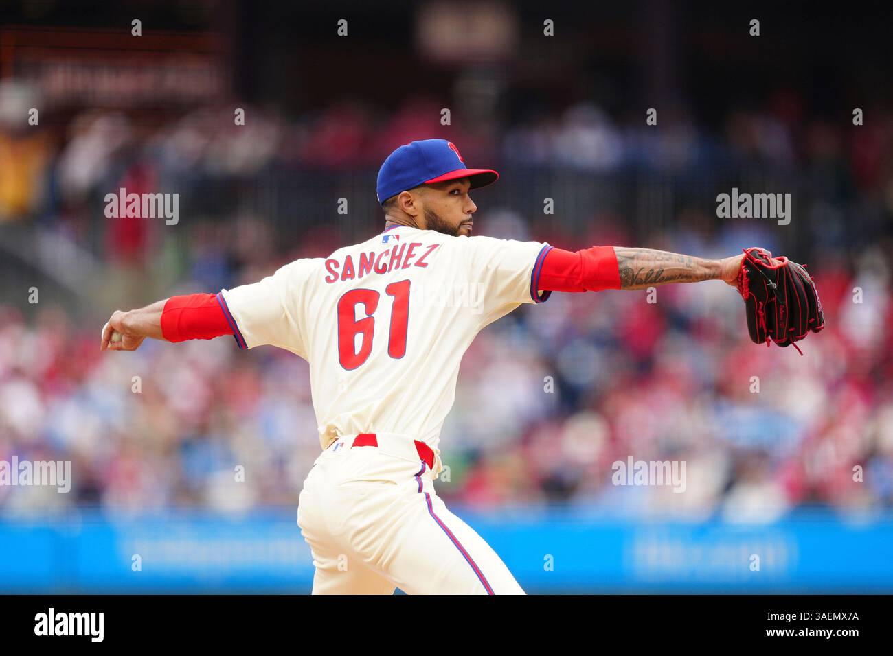 Philadelphia Phillies pitcher Cristopher Sánchez in action during a ...