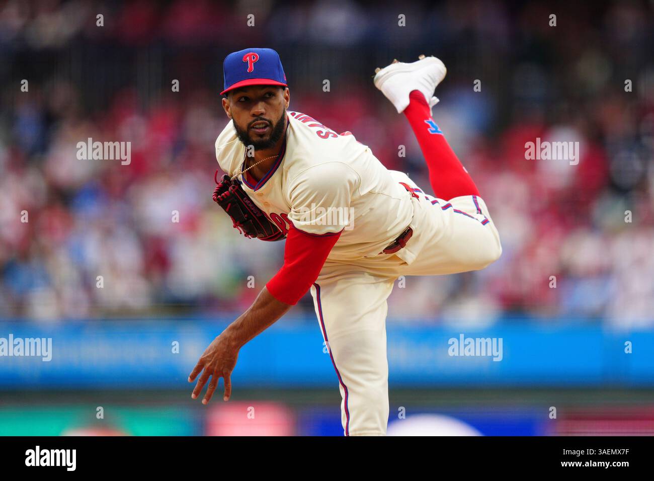 Philadelphia Phillies pitcher Cristopher Sánchez in action during a ...