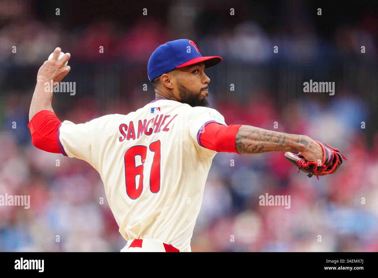 Philadelphia Phillies pitcher Cristopher Sánchez in action during a ...