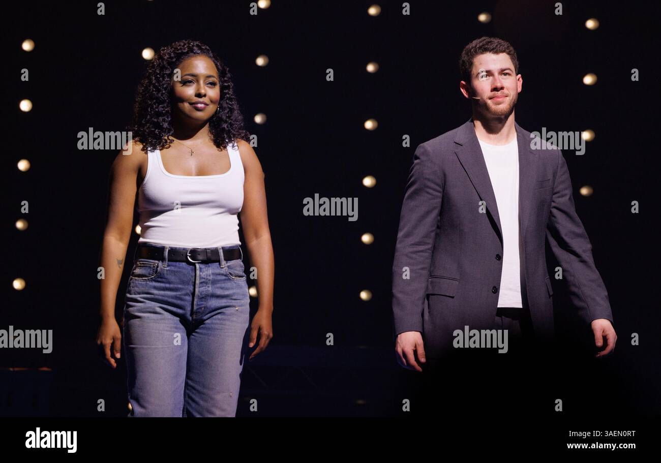 Adrienne Warren, left, and Nick Jonas participate in the curtain call ...
