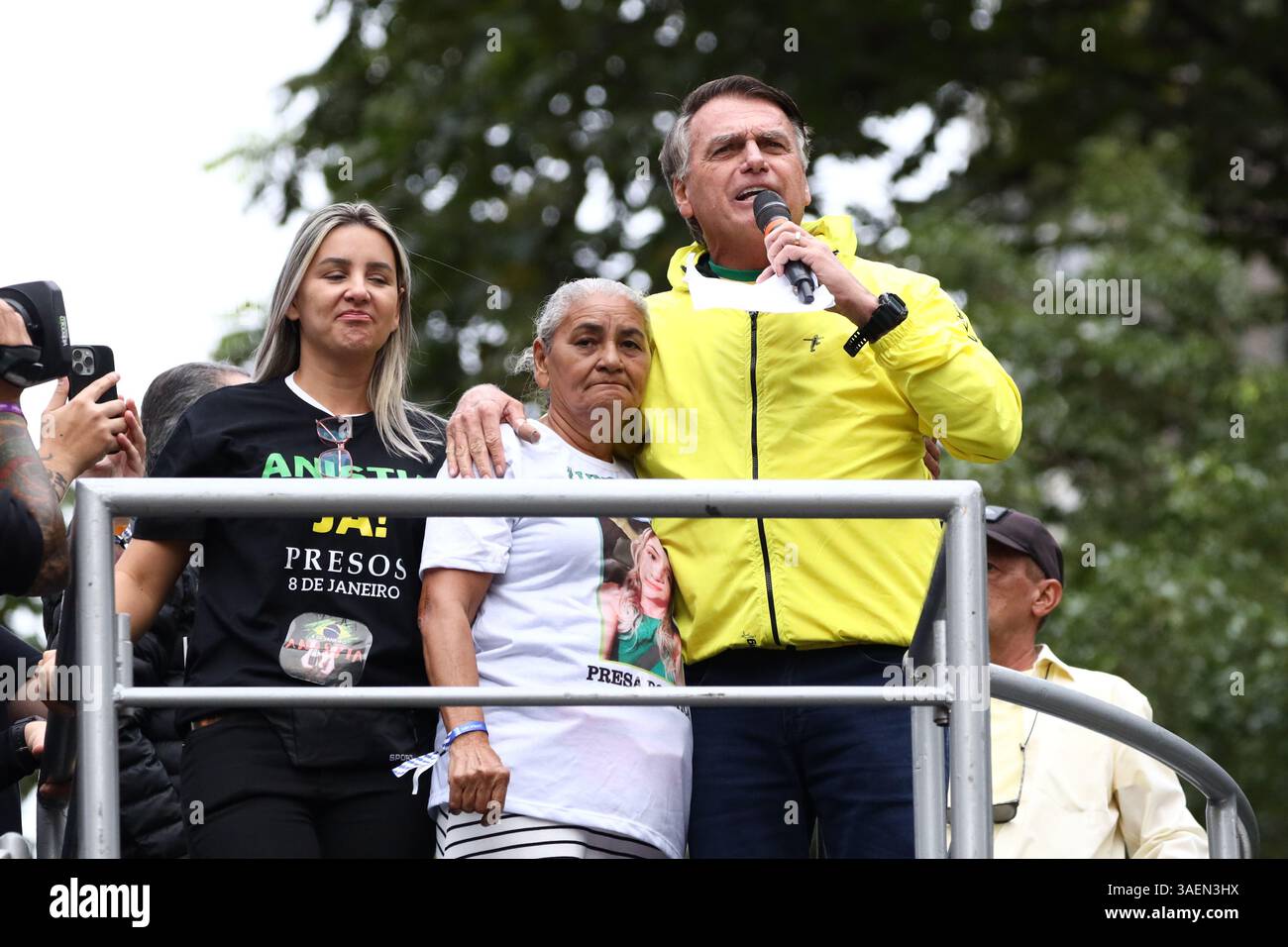 Former president Jair Bolsonaro (PL) addresses his supporters during a ...