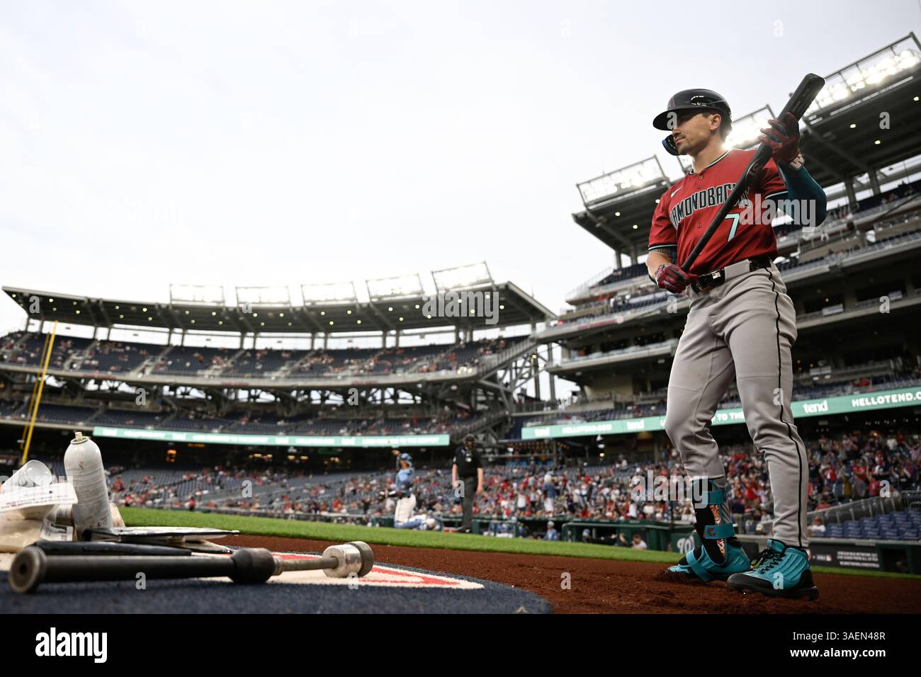 Arizona Diamondbacks' Corbin Carroll (7) stand on deck during the first ...