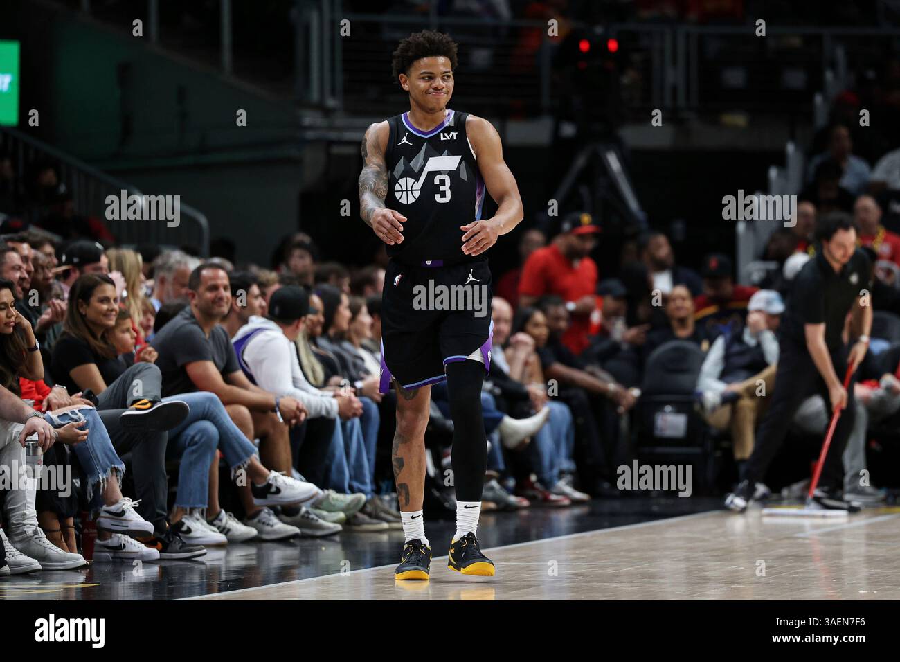 Utah Jazz guard Keyonte George (3) reacts during the second half of an ...
