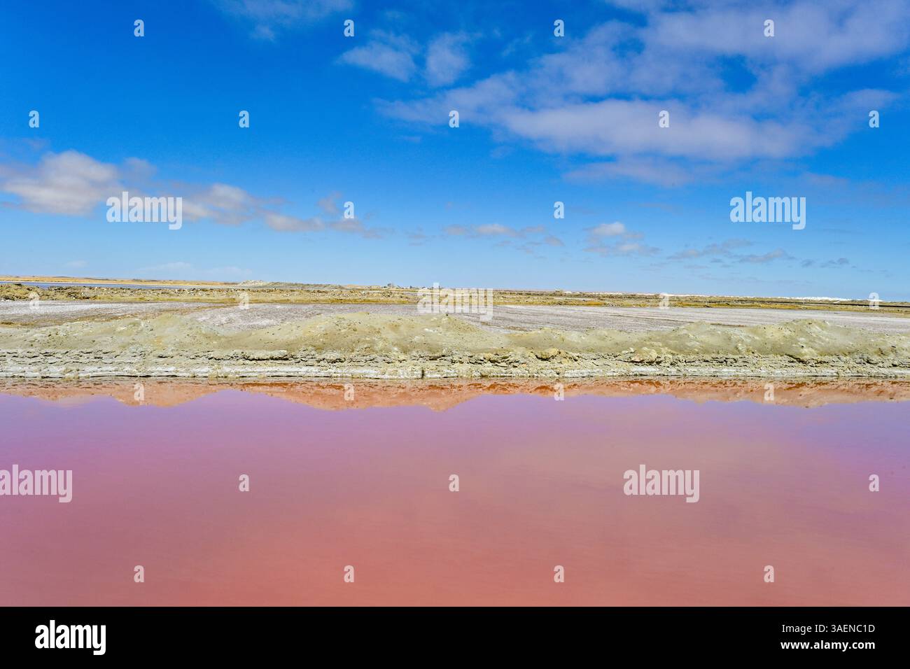 Aerial view of the striking red salt pans near Walvis Bay, Namibia. The ...
