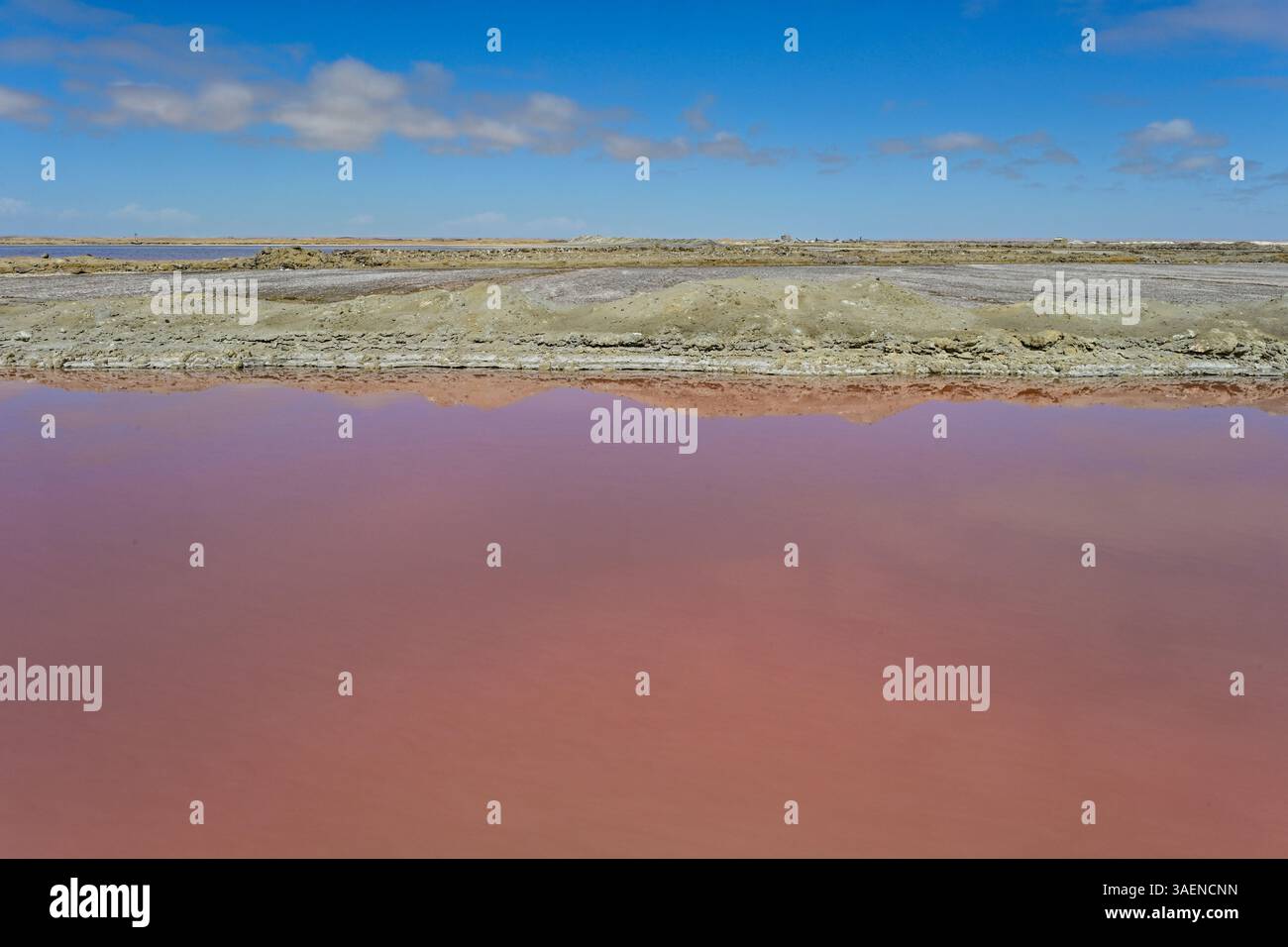 Aerial view of the striking red salt pans near Walvis Bay, Namibia. The ...