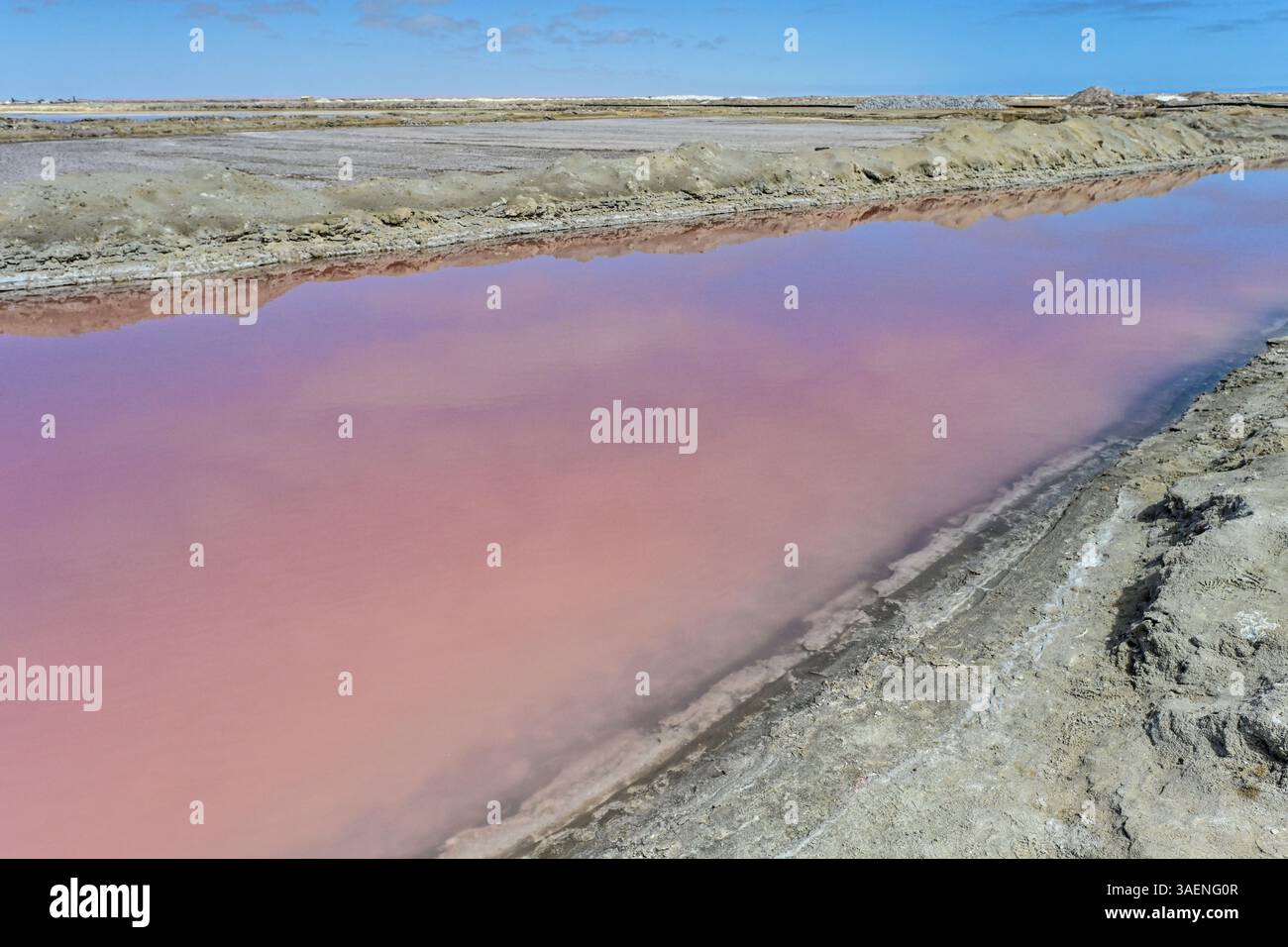 Aerial view of the striking red salt pans near Walvis Bay, Namibia. The ...