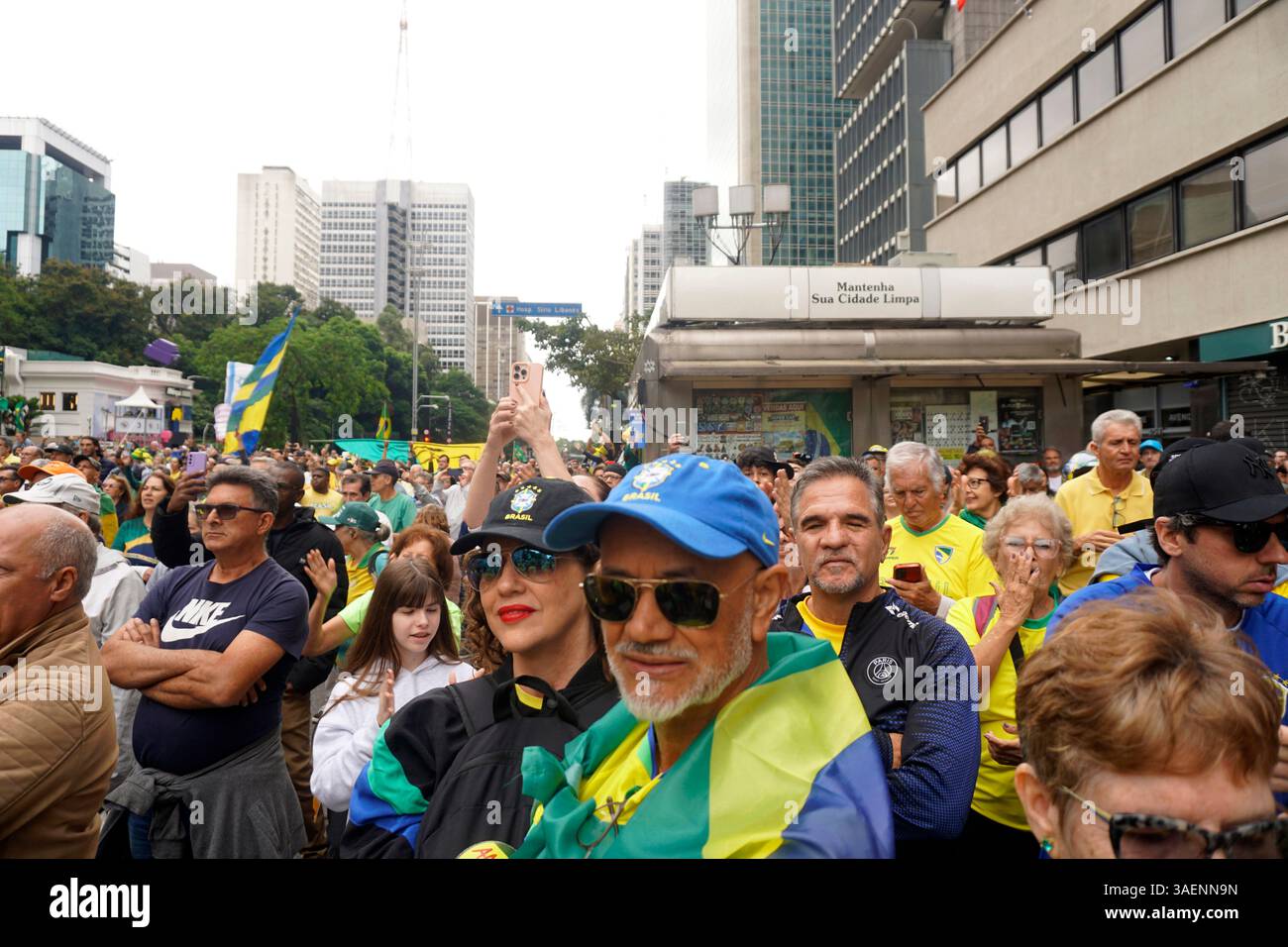 Supporters of Brazil's former President Jair Bolsonaro attend a rally at Paulista Avenue in Sao ...