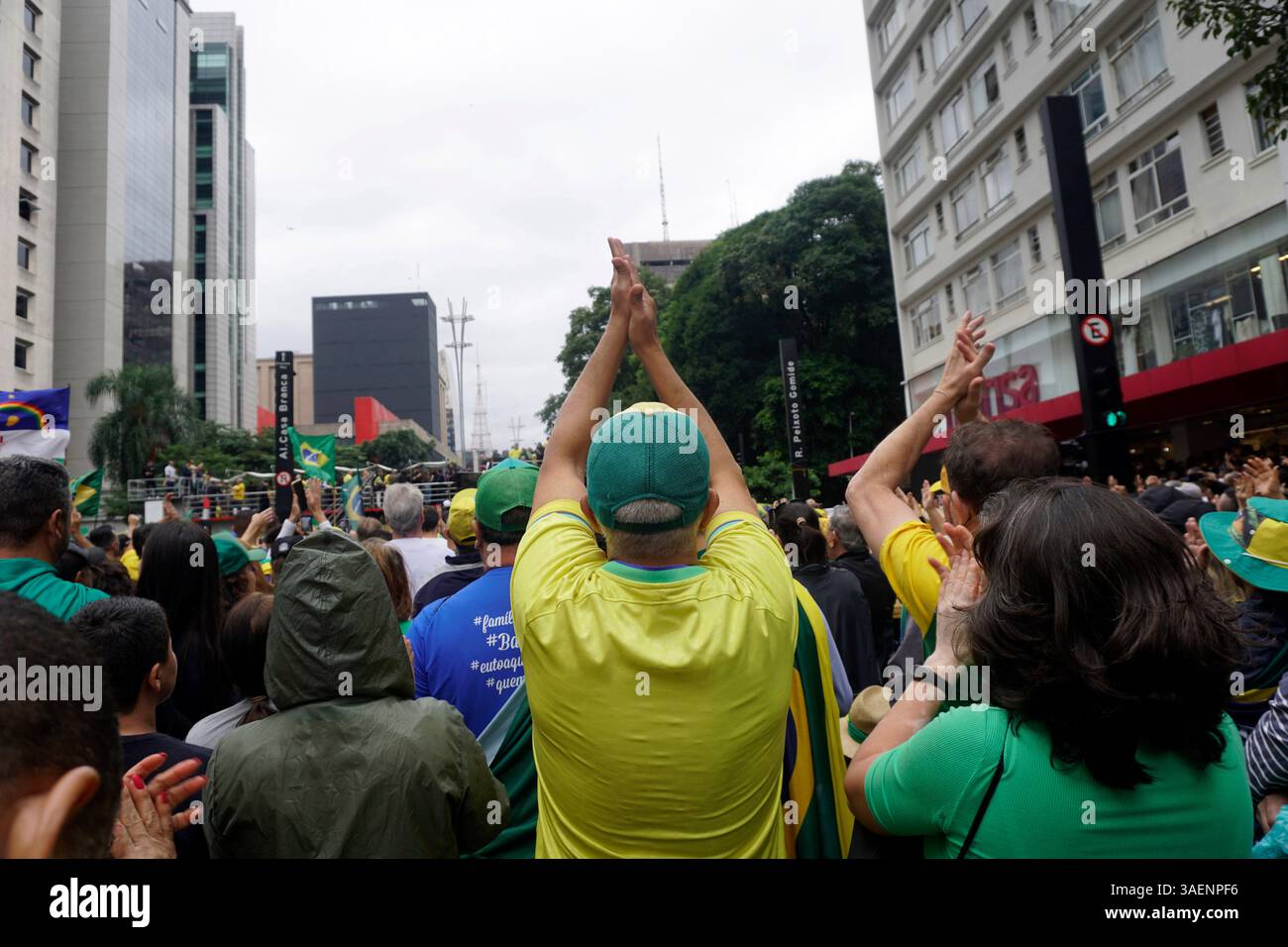 Supporters of Brazil's former President Jair Bolsonaro attend a rally at Paulista Avenue in Sao ...