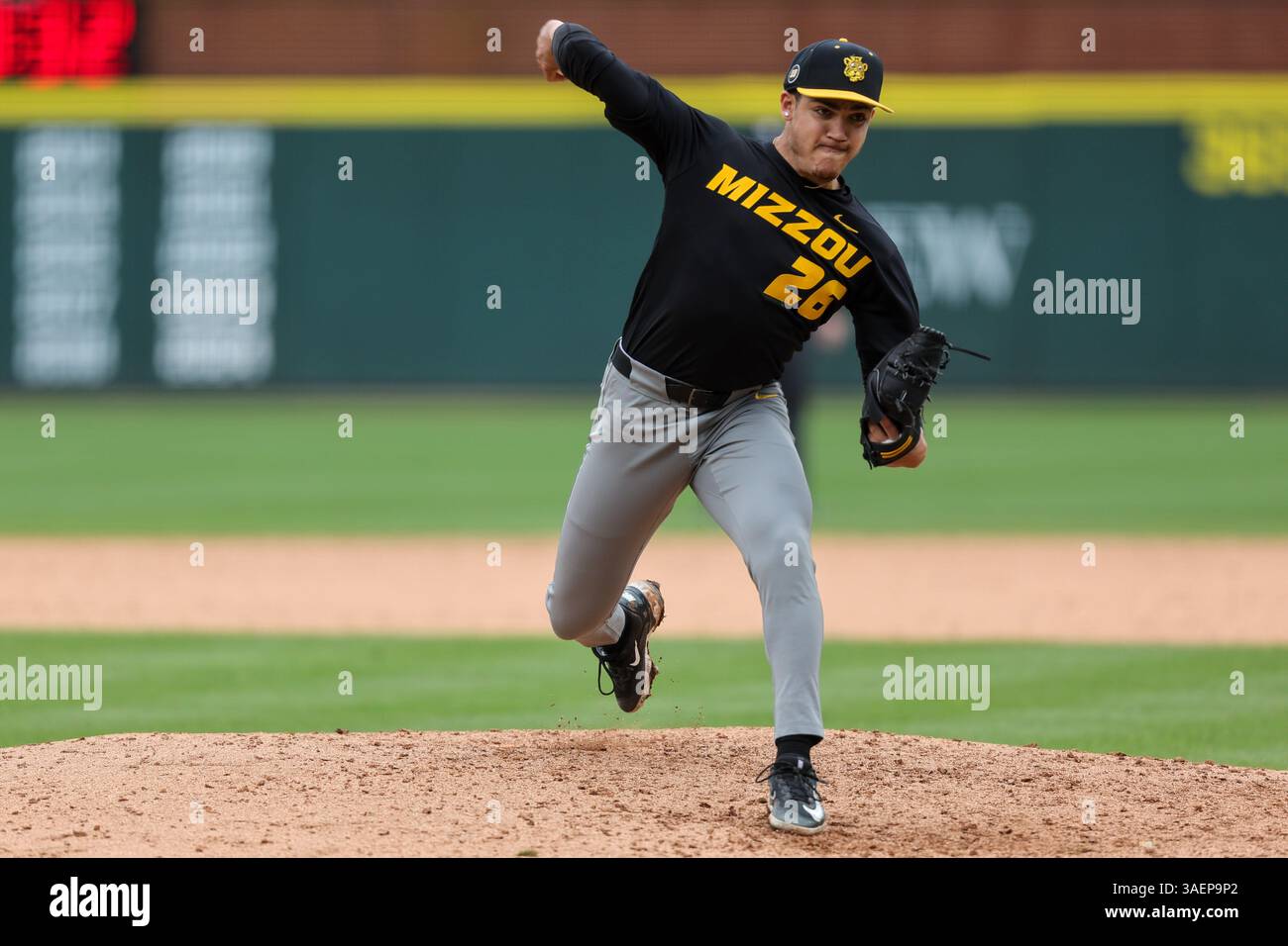 April 6, 2025: Victor Christal (26) Missouri pitcher prepares to ...