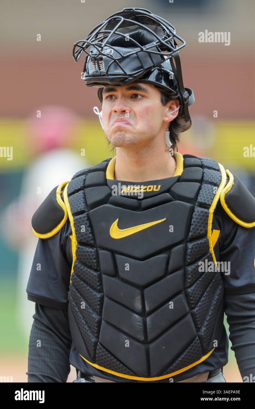 April 6, 2025: Missouri catcher Mateo Serna (88) looks over to the ...