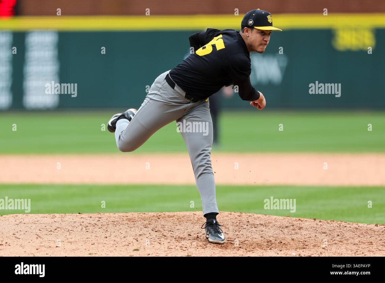April 6, 2025: Mizzou pitcher Victor Christal (26) finishes up his ...