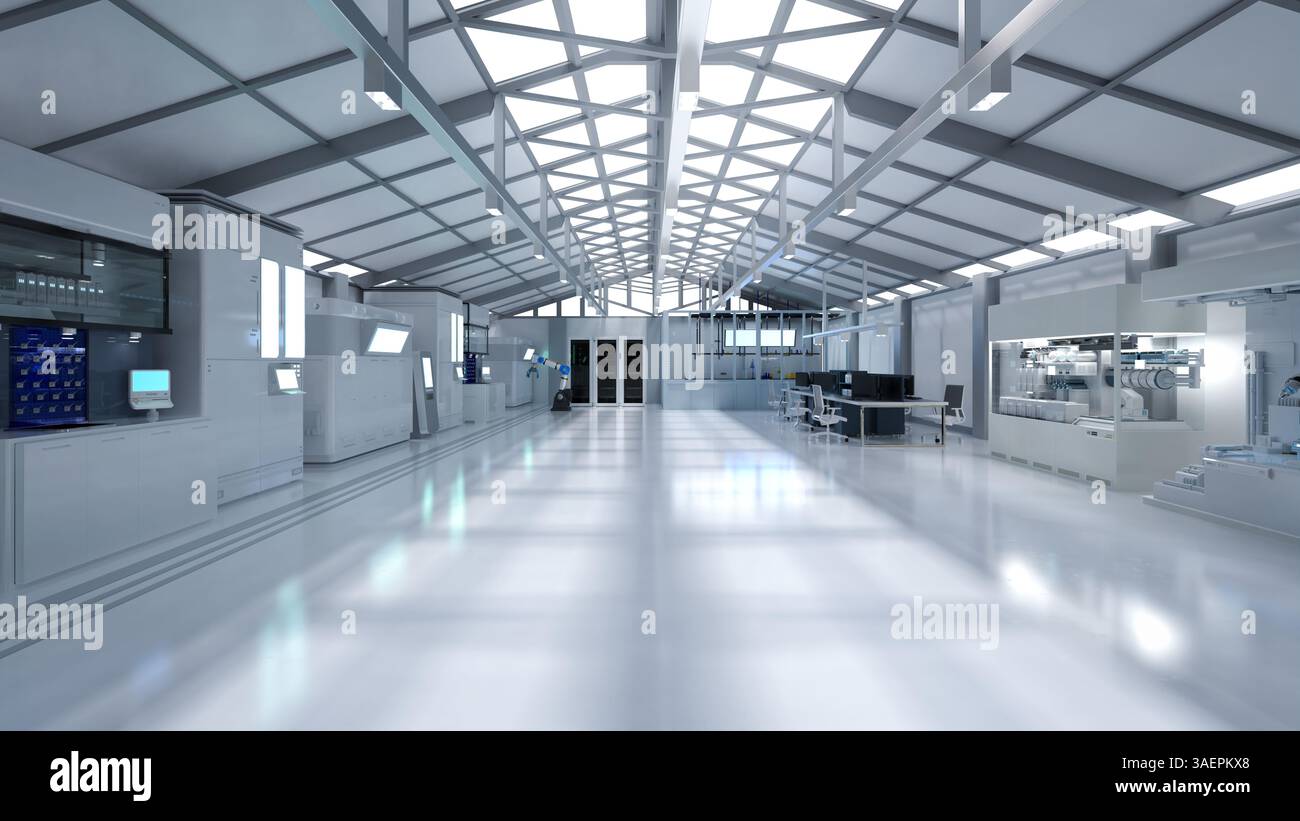 3d rendering white futuristic semiconductor manufacturing factory or ...